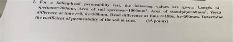 Solved For A Falling Head Permeability Test The Following