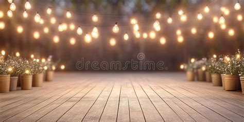 Rustic Outdoor Setting Glowing String Lights Plants In Wooden Pots On