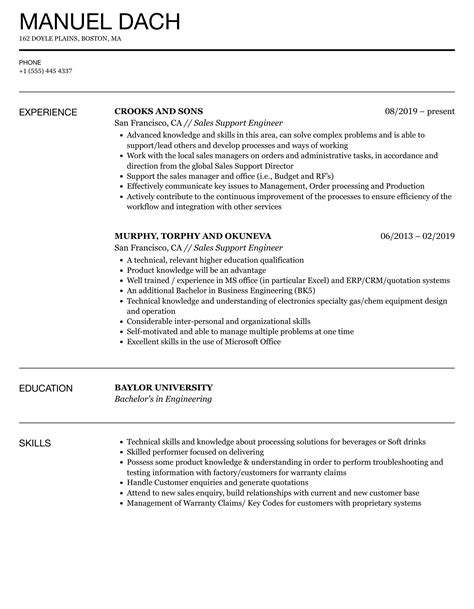 Sales Support Engineer Resume Samples Velvet Jobs