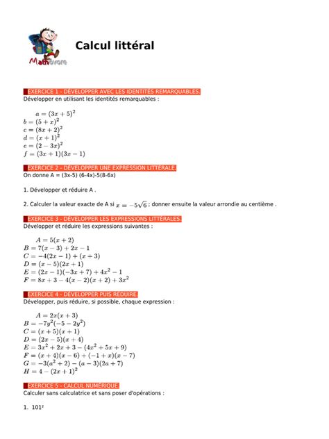 Calcul Litteral Exercices De Maths En 3eme Corriges En Pdf Pdf
