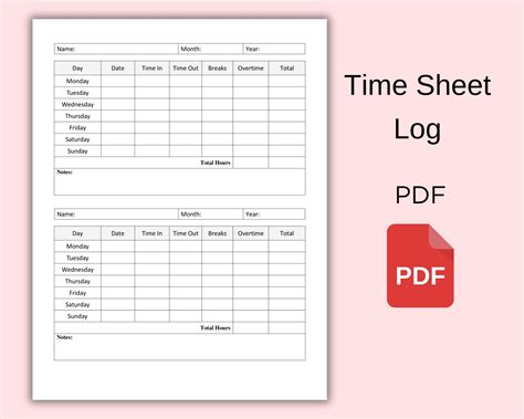 Printable Weekly Time Sheet Log Time Keeping Log Timesheet Log Time