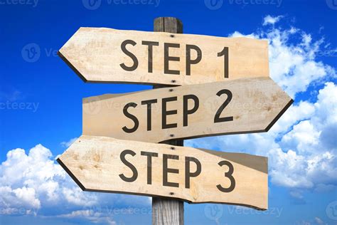 Steps 1 2 3 Wooden Signpost With Three Arrows Sky With Clouds In