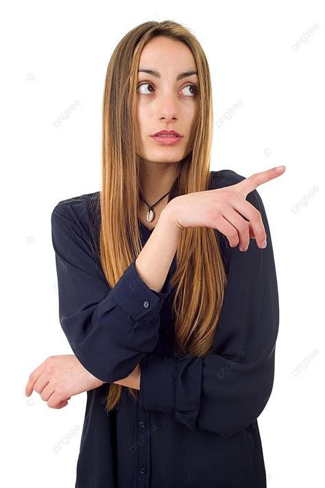 Young Happy Beautiful Woman Pointing Photo Background And Picture For