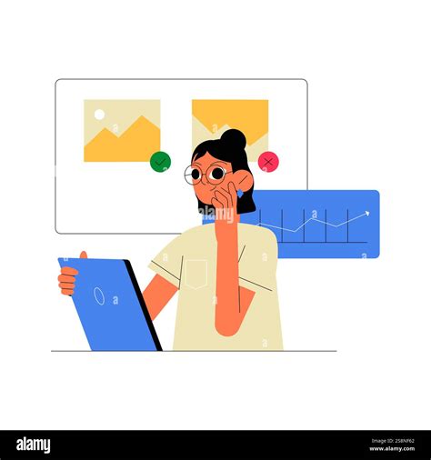 Female Character Analyzing Graphics On A Tablet In Flat Vector