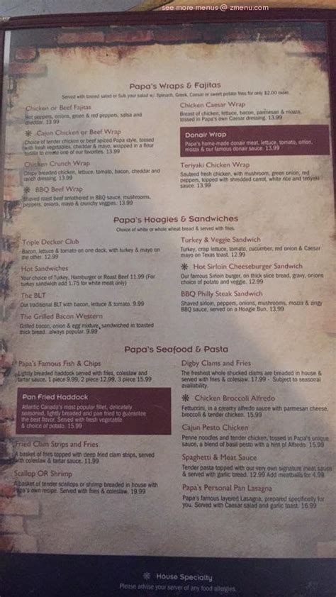 Online Menu Of Papas Pub And Eatery Restaurant Port Hawkesbury Nova