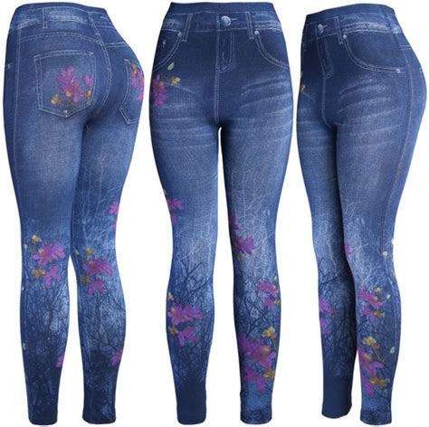 High Waist Womens Denim Print Fake Faux Jeans Leggings Pants Ebay
