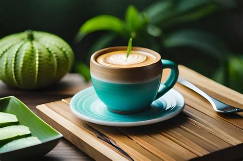 Premium Ai Image A Cup Of Coffee With A Green Stem On A Plate
