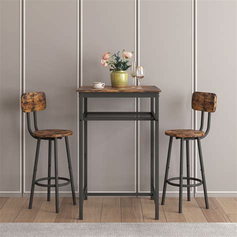 Rustic Brown Table Set With 2 Cushioned Stools Compact Counter Height