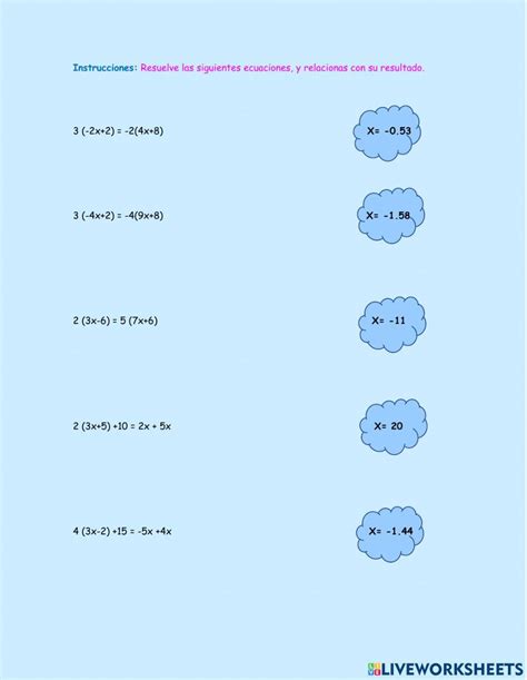 Ecuaciones Lineales Matemáticas Activity Live Worksheets