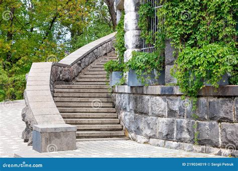 Massive Stone Stairs Around The Old Castle In A Green Park Stock Image