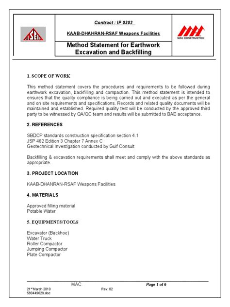Method Statement For Earthwork Excavation And Backfilling Pdf