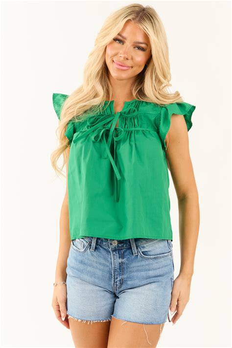 Jade Cinched Yoke Cotton Poplin Ruffle Cap Sleeve Top Lime Lush Boutique