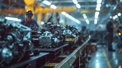 Image Of Worker On Assembly Line With Motor Engine At Factory Premium