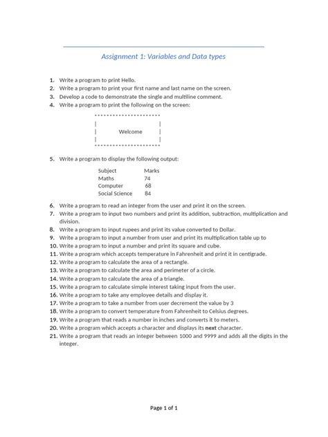 Assignment 1 Variables And Data Types Pdf