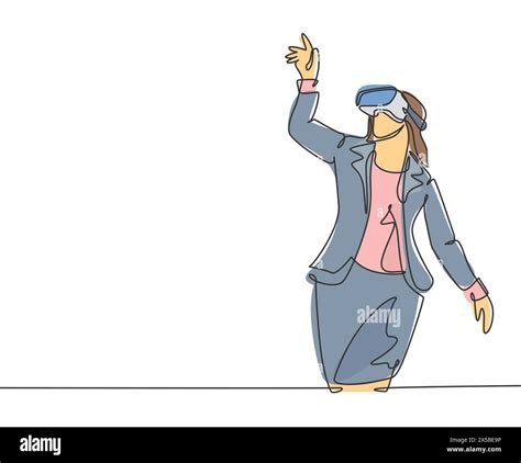 One Single Line Drawing Of Young Happy Gamer Business Woman Wearing