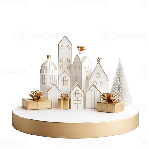 Empty White And Gold Christmas Podium With White Wood Houses And Gold