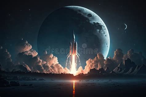 Rocket Launch With View Of The Moon Hanging In The Night Sky Stock Illustration Illustration