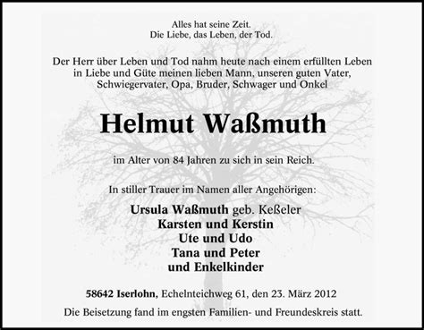Traueranzeigen Von Helmut Waßmuth Trauer In Nrwde