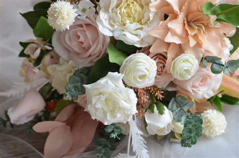 Dusty Blush Pink And Ivory White Wedding Bouquet Real Touch Roses Blush