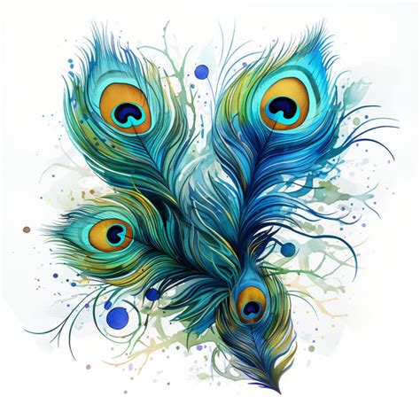 Watercolor Majestic Peacock Feathers Bundle Of 5 Png Files For Wall Art Digital Prints T