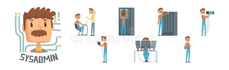 Funny Male Sysadmin Character Work With Server Vector Set Stock Vector