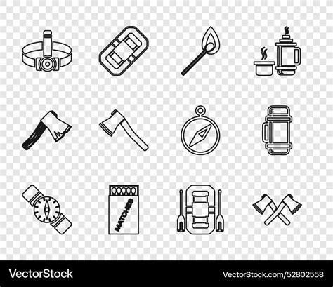 Set Line Compass Crossed Wooden Axe Burning Match Vector Image