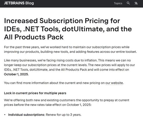 Jetbrains Update On Subscription Price Increase On October 1st