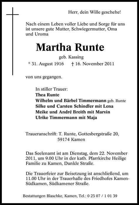 Traueranzeigen Von Martha Runte Trauer In Nrw De