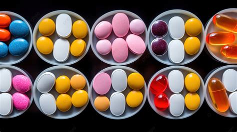 Variety Of Pharmaceutical Tablets And Capsules Presented On Plates