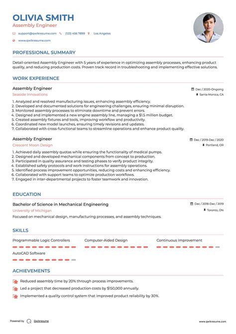 10 Assembly Engineer Resume Samples And Templates For 2025