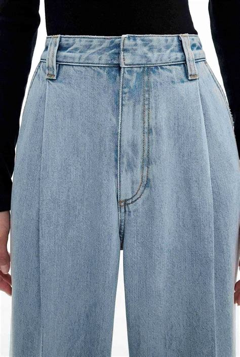 Vintage Wash Denim Pleated Denim Pant Womens Straight Leg Jeans