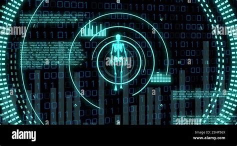 Animation Of Binary Coding Data Processing And Human Body Over Scopes