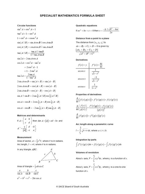 Specialist Mathematics Formula Sheet Pdf Elementary Mathematics