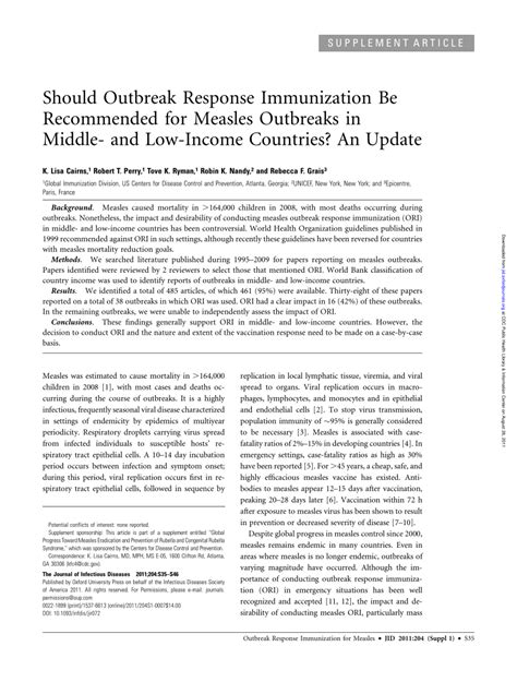 Pdf Should Outbreak Response Immunization Be Recommended For Measles