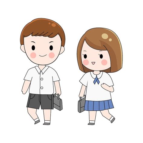 태국 학생복 태국 소년과 태국 소녀 만화 캐릭터 디자인 프리미엄 벡터