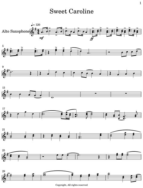 Sweet Caroline Sheet Music For Alto Saxophone