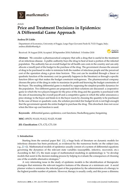 Pdf Price And Treatment Decisions In Epidemics A Differential Game