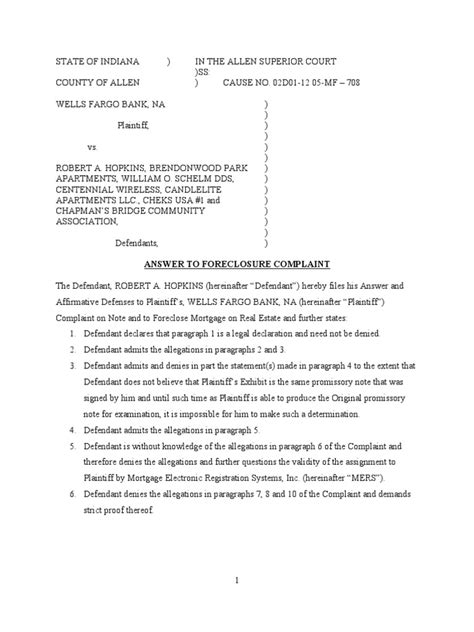 Answer To Foreclosure Complaint Download Free Pdf Truth In Lending