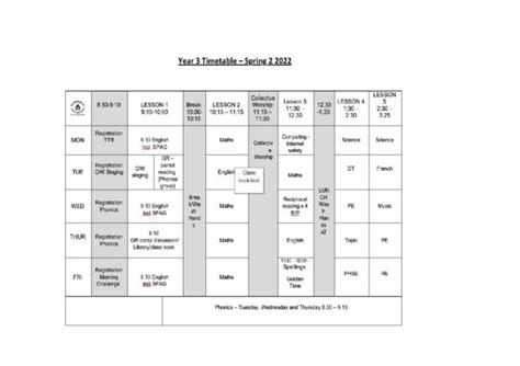 Year 3 Timetable Spring 2 Cuddington And Dinton School