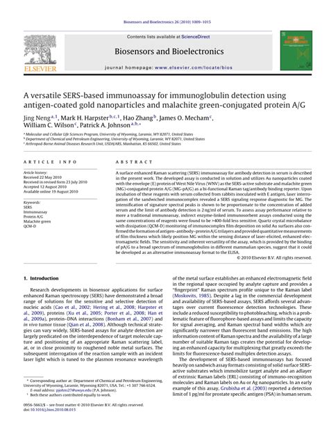 Pdf A Versatile Sers Based Immunoassay For Immunoglobulin Detection Using Antigen Coated Gold