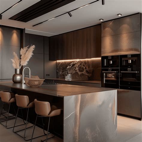 Sleek Modern Kitchen Concept With Dark Brown And Metallic Accents