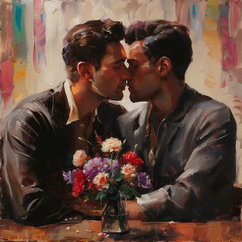 Premium Photo Two Men On A Romantic Date Kissing Flowers On The Table