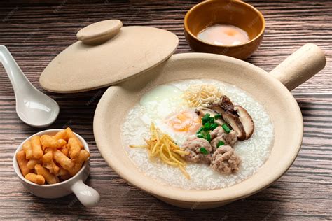 Premium Photo Rice Porridge With Soft Boiled Egg Minced Pork Ball