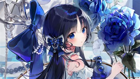 Beautiful Anime Girl With Blue Long Hair And Blue Eyes Posing Among