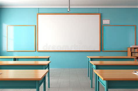 A Classroom With Tables And Many Empty Whiteboards On The Walls Stock