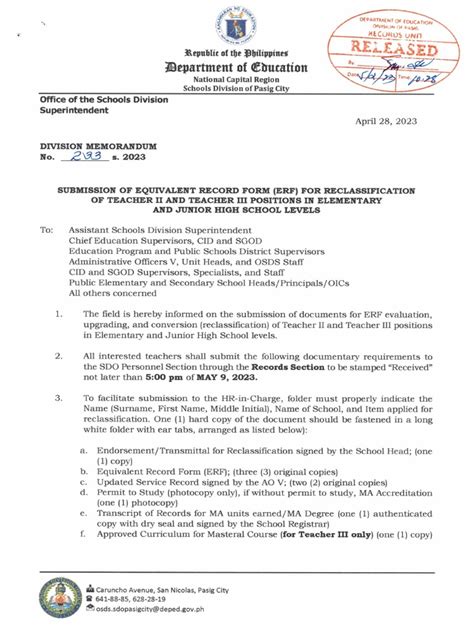 Dm No 233 S 2023 Submission Of Equivalent Record Form Erf For Reclassification Of Teacher Ii And