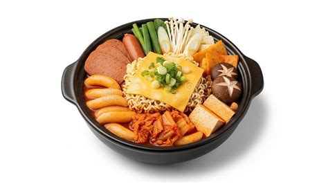 Budae Jjigae Or Army Stew With Kimchi Tofu Sausage And Cheese Noodles
