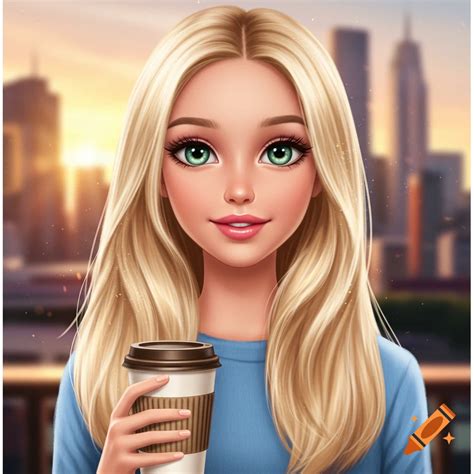 Cartoon Portrait Of A Blonde Barbie Style Girl With Big Green Eyes Wearing A Blue Shirt
