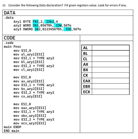 Consider The Following Data Declaration Fill Given Registers Value Look For Errors If Any