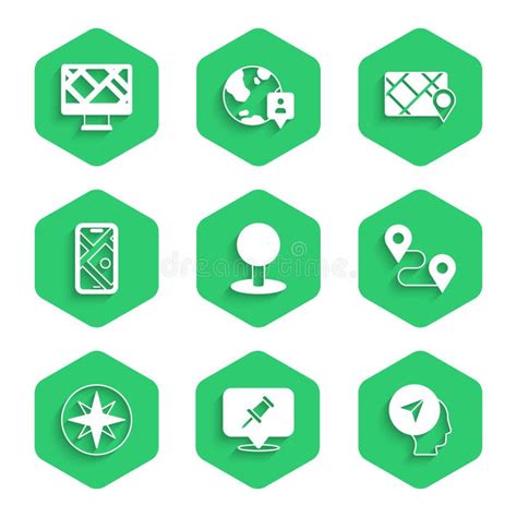 Set Push Pin Map Marker With Human Route Location Wind Rose City Map Navigation Gps Device